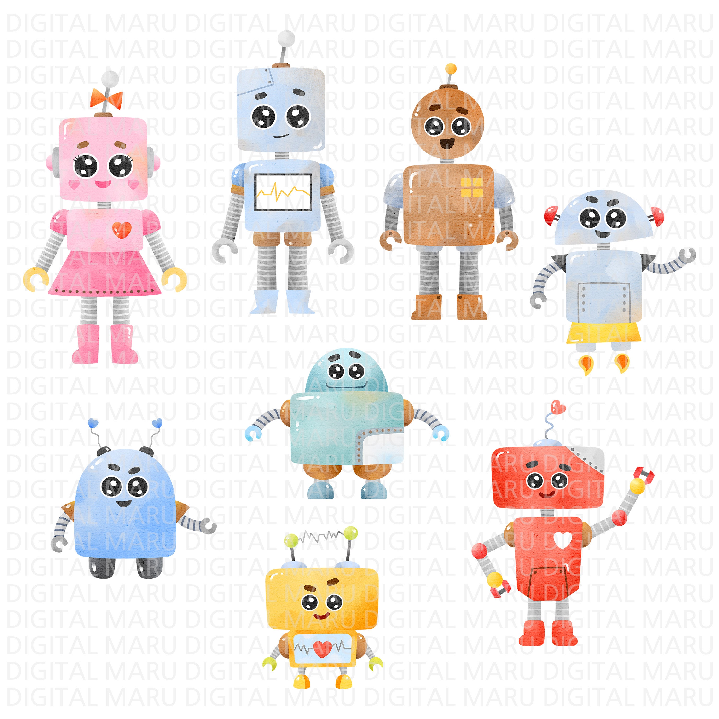 Watercolor Robots Clipart / Cute Robots Clip Art / Vintage Robots / Ai ...