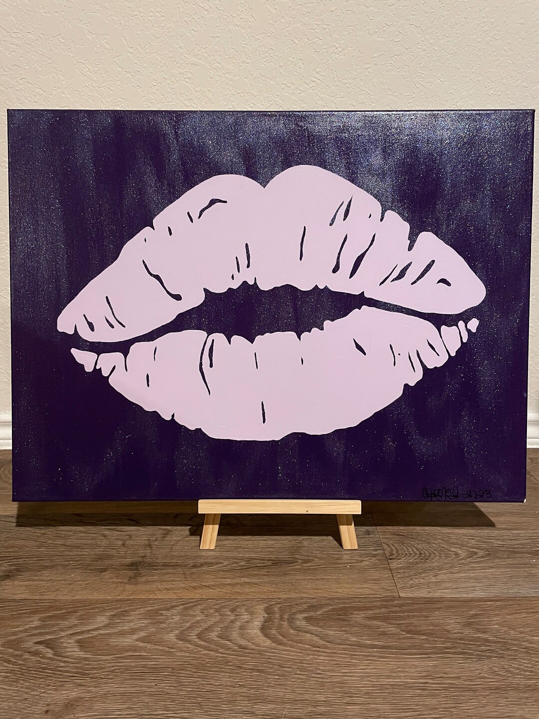 Kiss, Lips, Purple, Acrylic Paint, Canvas Painting, Glitter, Original ...