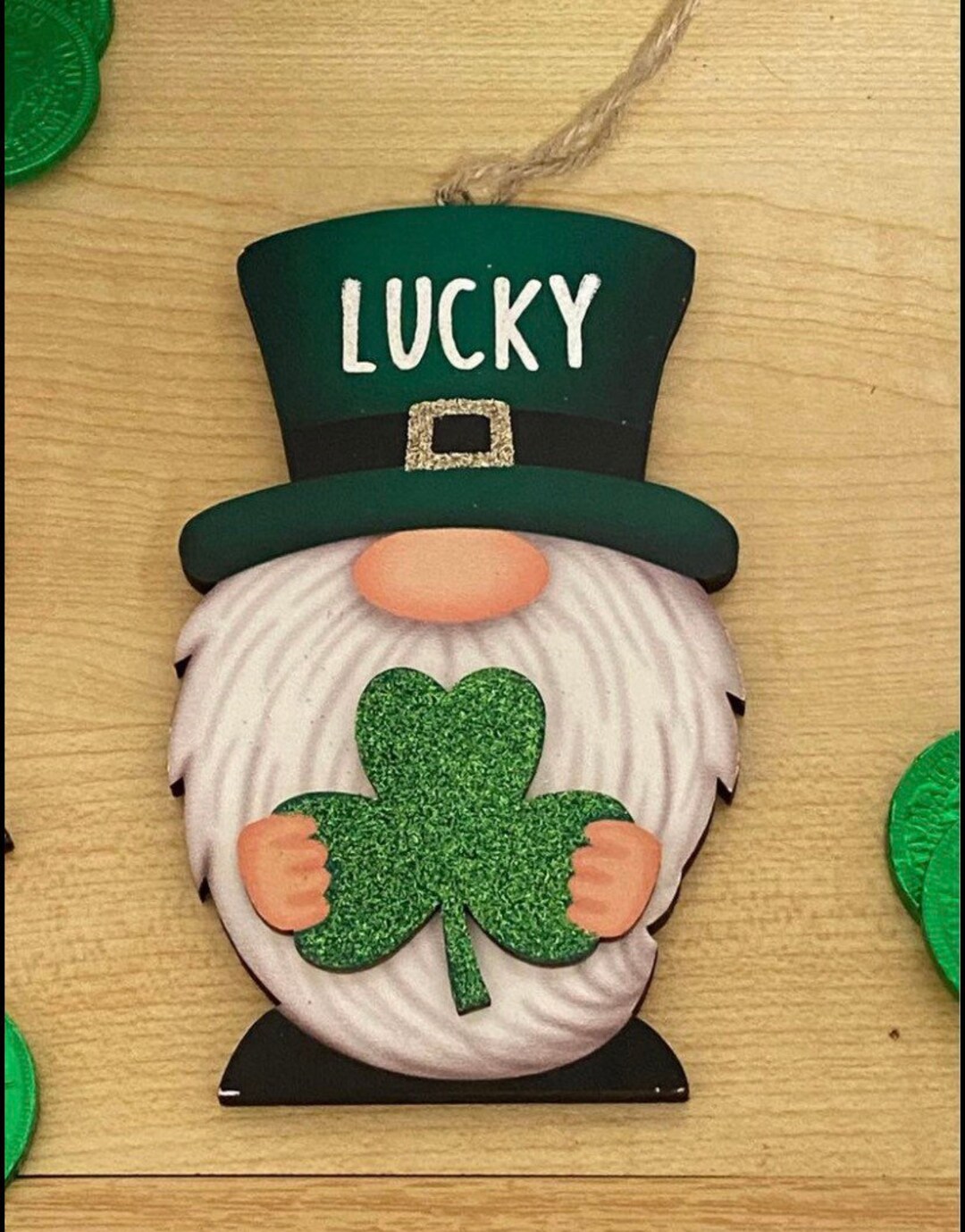 LUCKY St Patrick’s Day GNOME Leprechaun Ornament Hanging Rae Dunn Font ...