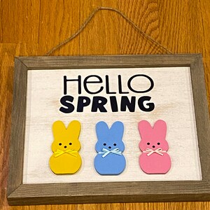 Hello Spring Wall Sign - Rustic Wood Sign - Wood Bunnies - Peep Sign ...