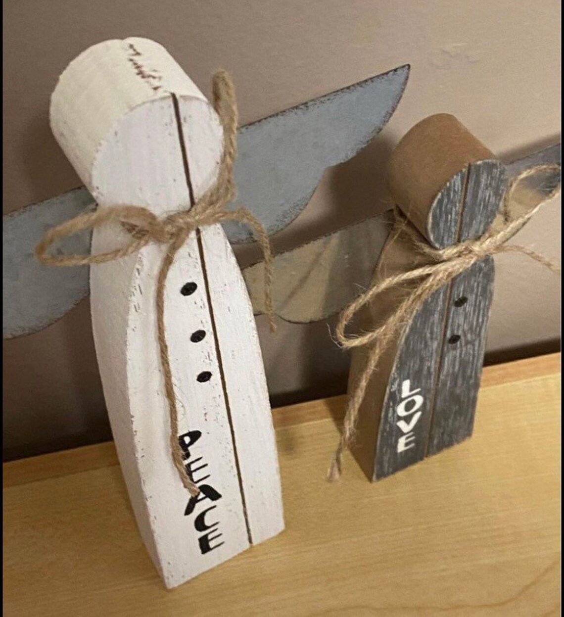 Set of Two Wood Angels Wooden Decor PEACE LOVE Farmhouse Style ...
