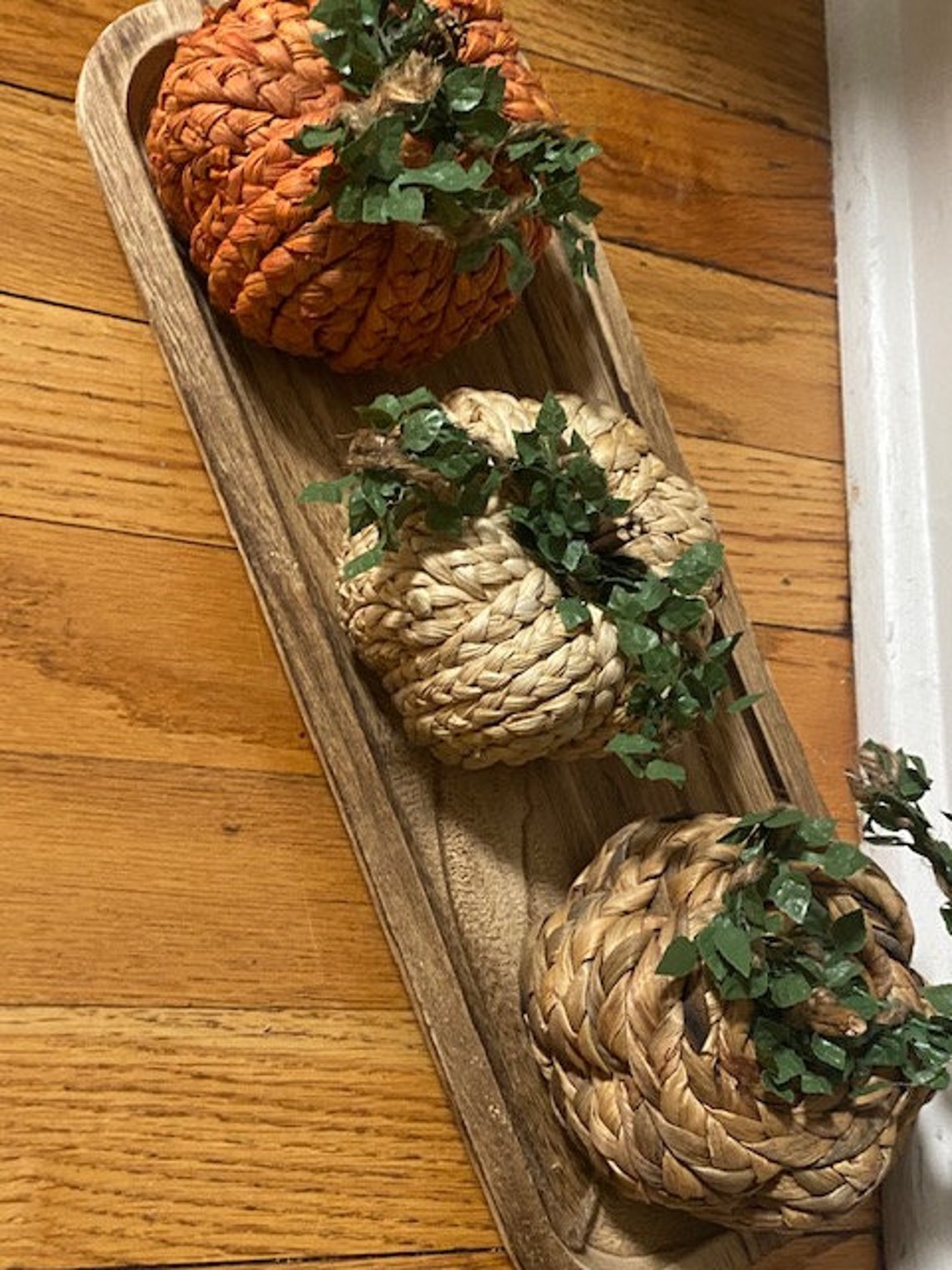 Farmhouse Style Pumpkins Set of 3 Braided Straw Pumpkins With Foliage ...