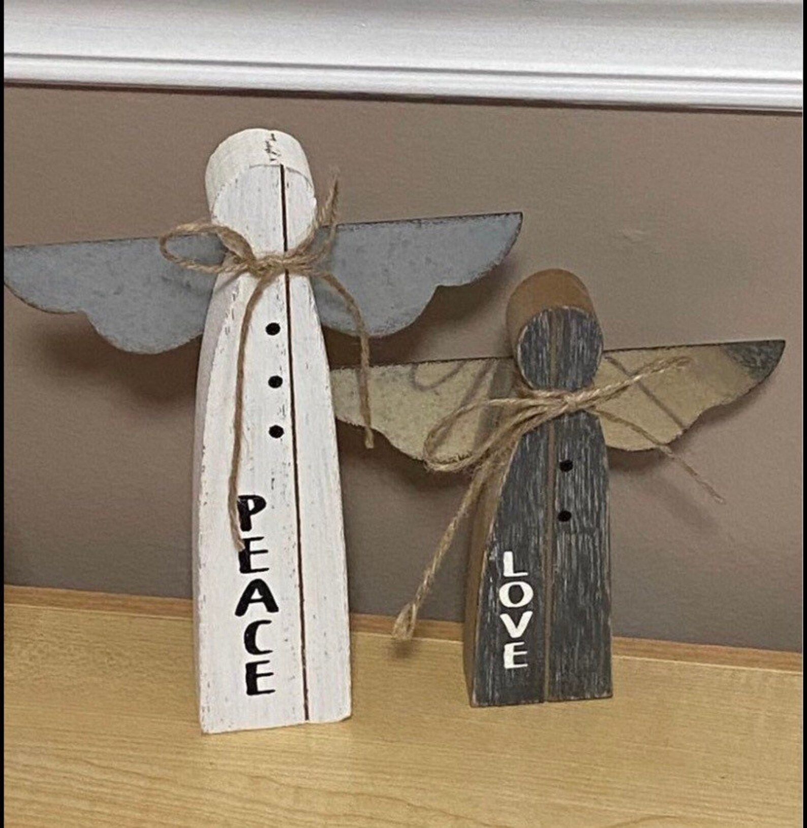 Set of Two Wood Angels Wooden Decor PEACE LOVE Farmhouse Style ...
