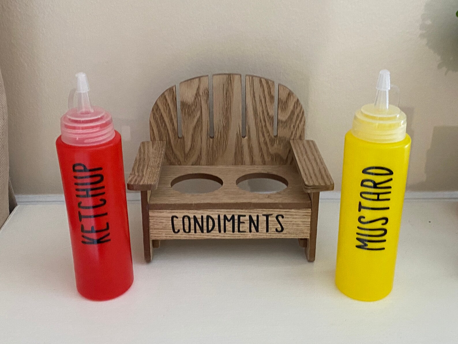 Wood bench condiment caddy organizer ketchup mustard bottles | Etsy