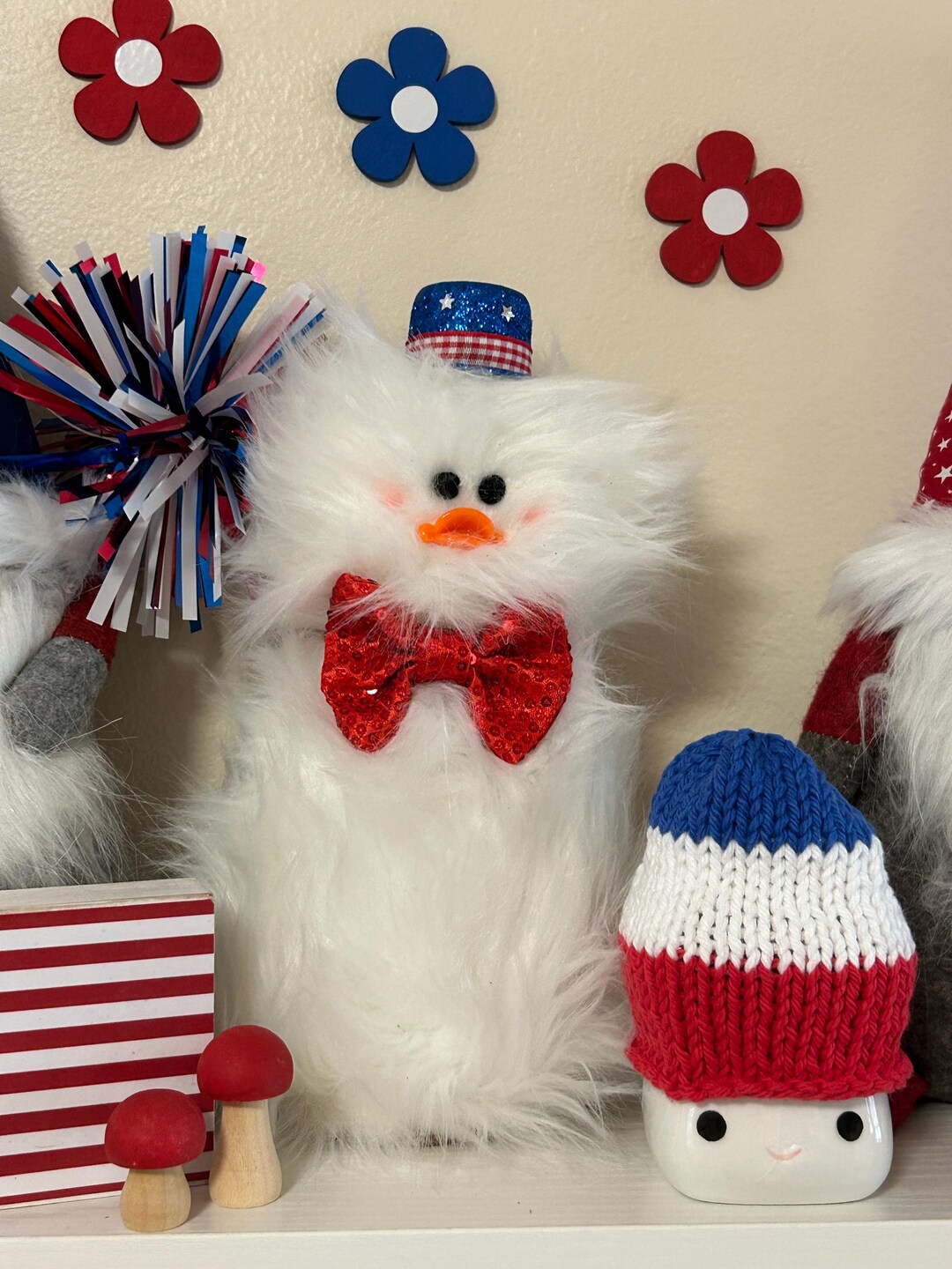 Frazzled DUCK Patriotic Decor 9.5" White Faux Fur Duck Summer Red Bow ...