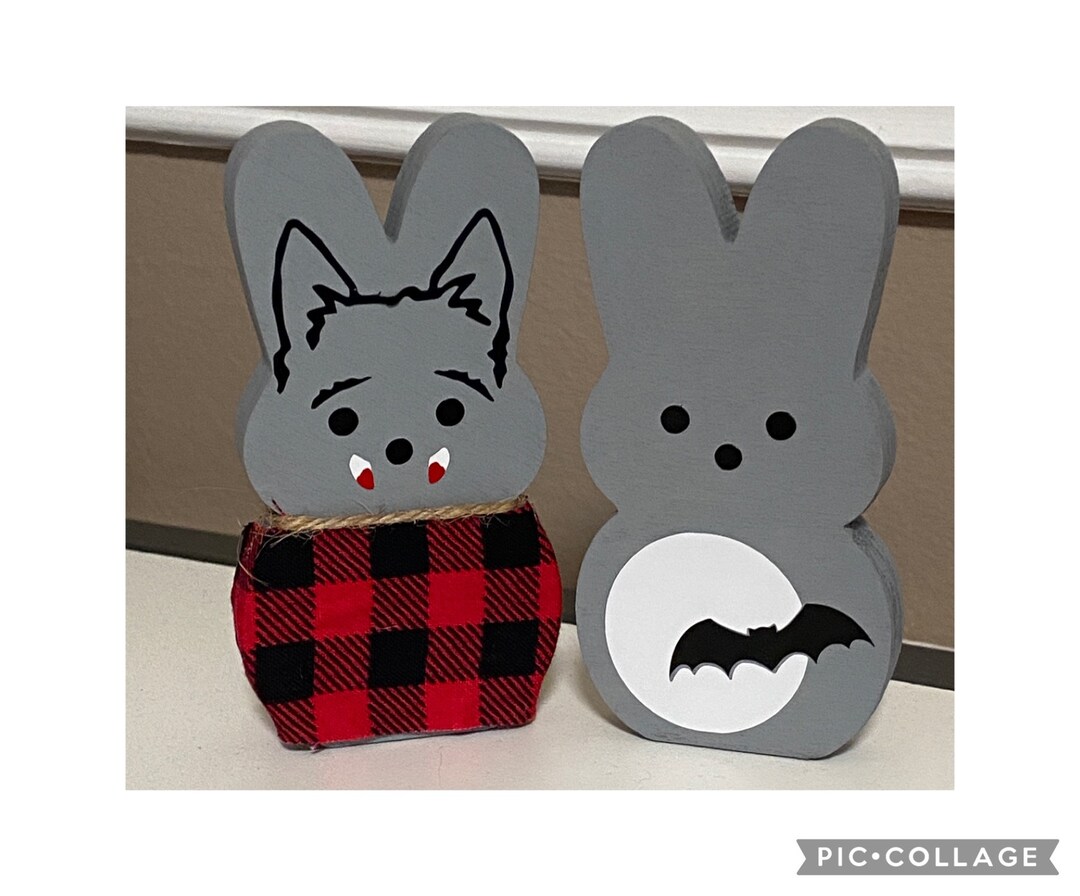 Cute Halloween Decorations Werewolf and Full Moon Bat Bunny 4" Wood ...