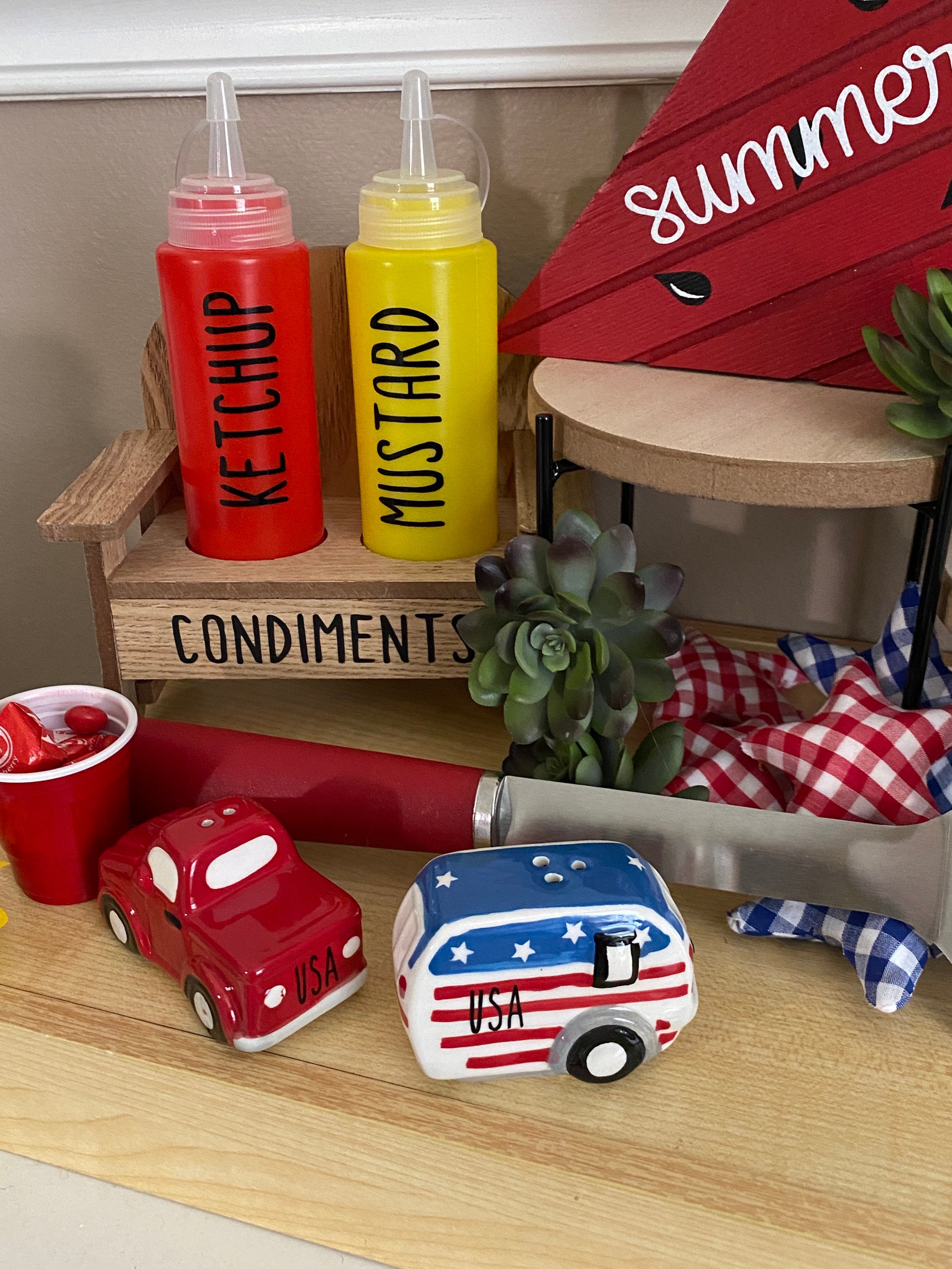 Wood bench condiment caddy organizer ketchup mustard bottles | Etsy