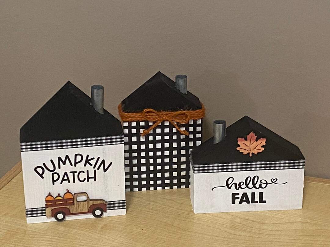 Set of 3 Wooden Houses Buffalo Checkered HELLO FALL Pumpkin Patch Fall ...