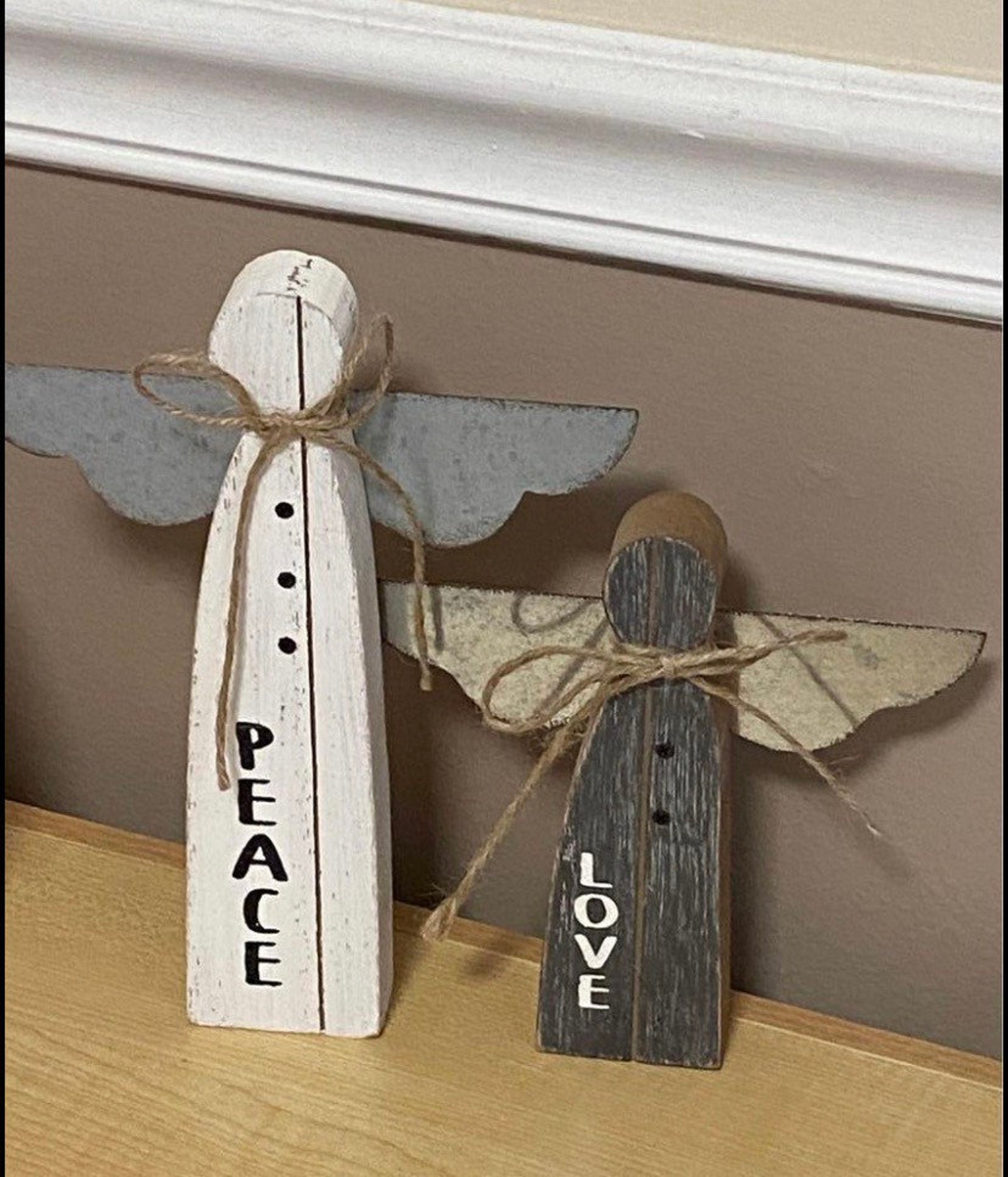 Set of Two Wood Angels Wooden Decor PEACE LOVE Farmhouse Style ...
