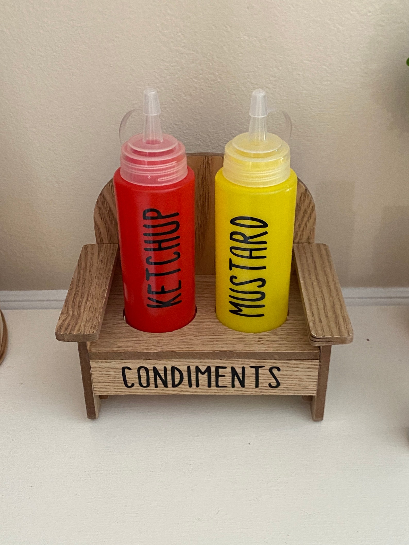 Wood bench condiment caddy organizer ketchup mustard bottles | Etsy