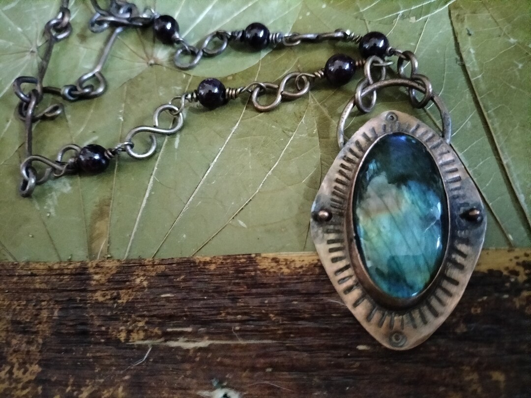 LABYRINTH SPIRAL Labradorite Amulet Garnet Beads Copper - Etsy
