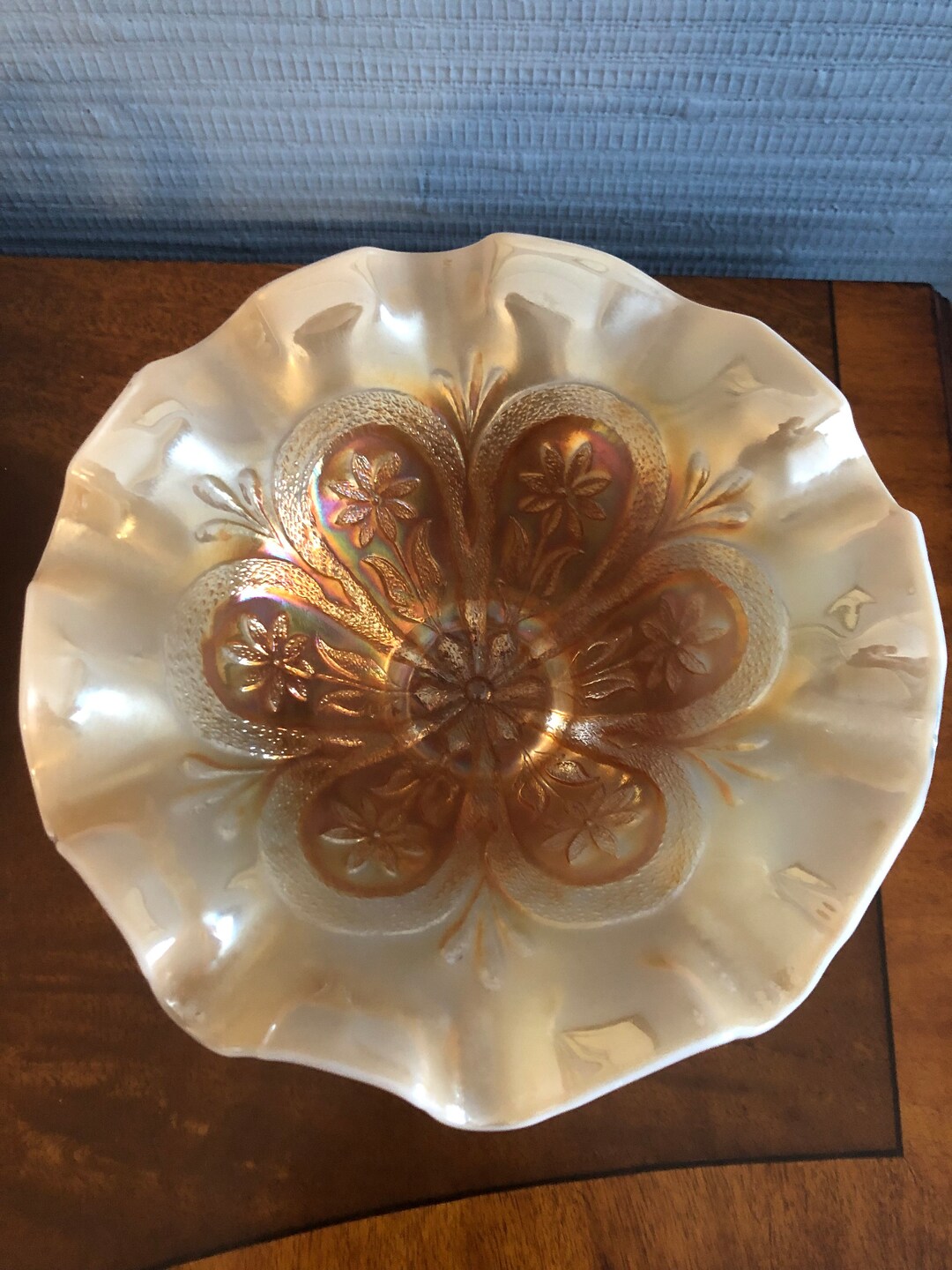 Dugan Carnival Glass Bowl, Peach Opal Flowers and Frames Pattern Circa ...