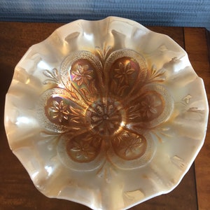 Dugan Carnival Glass Bowl, Peach Opal Flowers and Frames Pattern Circa ...