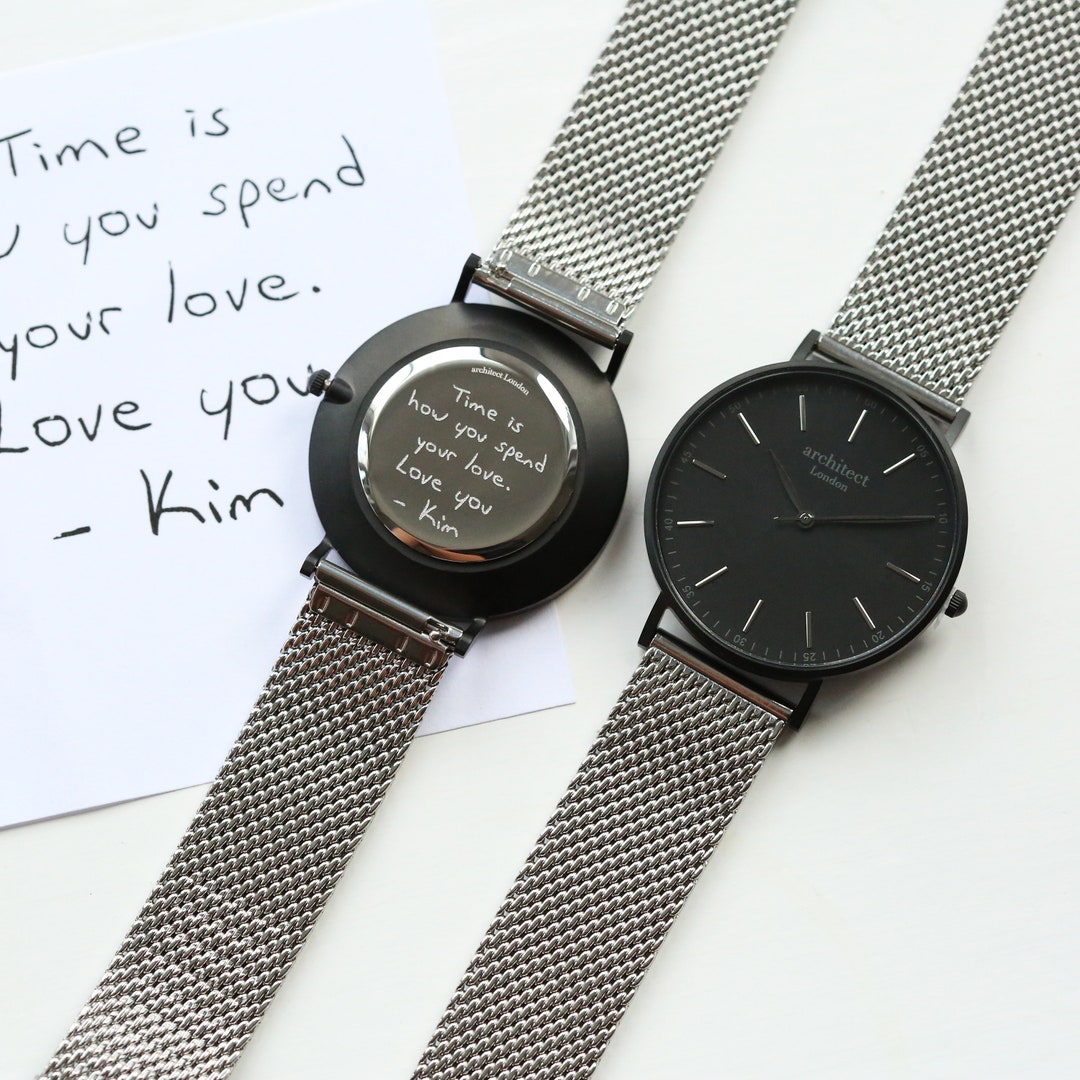 Stainless Steel Men Watch, Black Personalised Statement Engraved Unique ...
