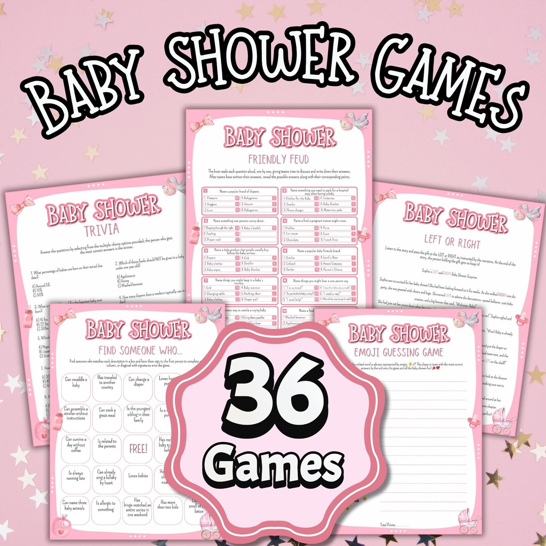 Pink Baby Shower Games, Watercolor Pink Bow Games Printable Girl Baby ...