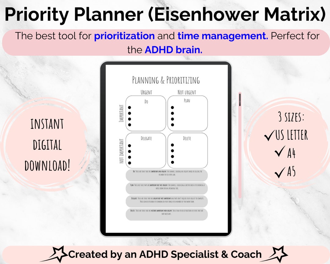 Adhd-friendly Eisenhower Matrix Printable Productivity Planner | Time ...