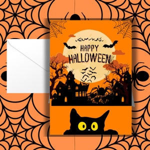 Happy Halloween Card, Adorable Spooky Cat Halloween Greeting Card 5x7 ...