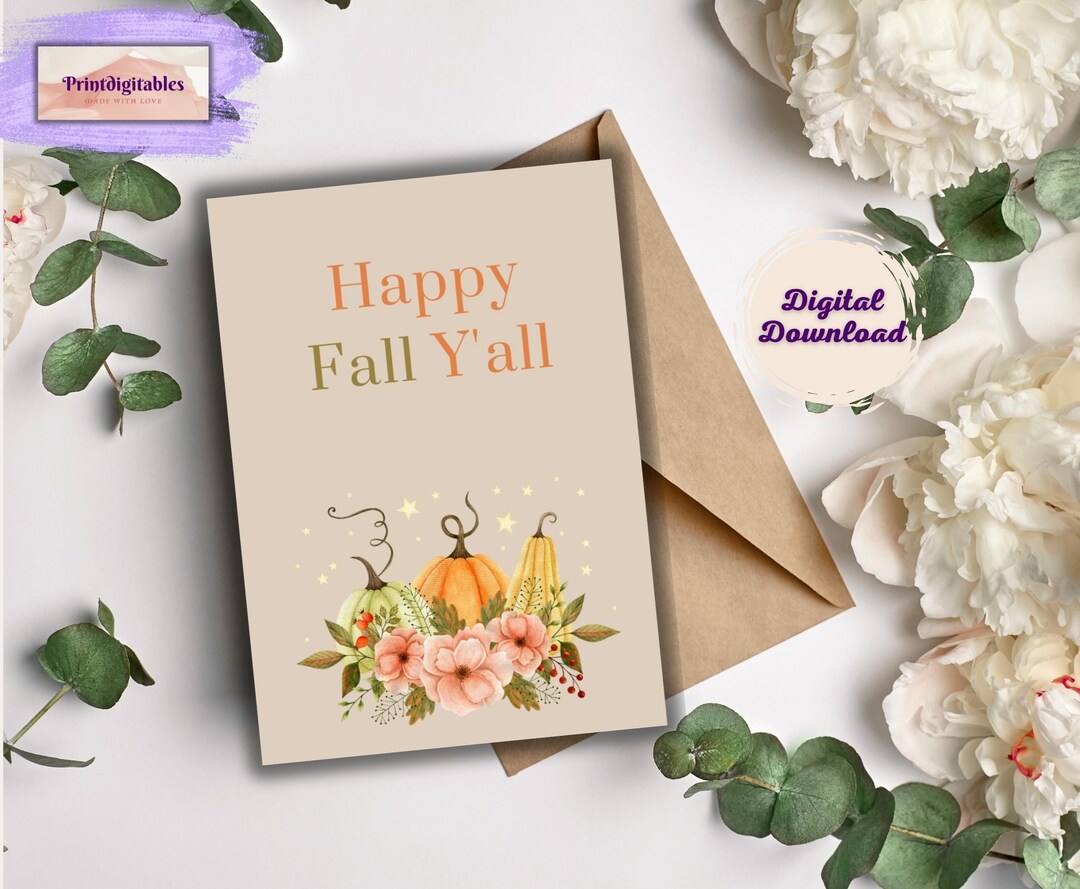 Happy Fall Y All Printable Greeting Card 5x7 With Pumpkins, Printable ...