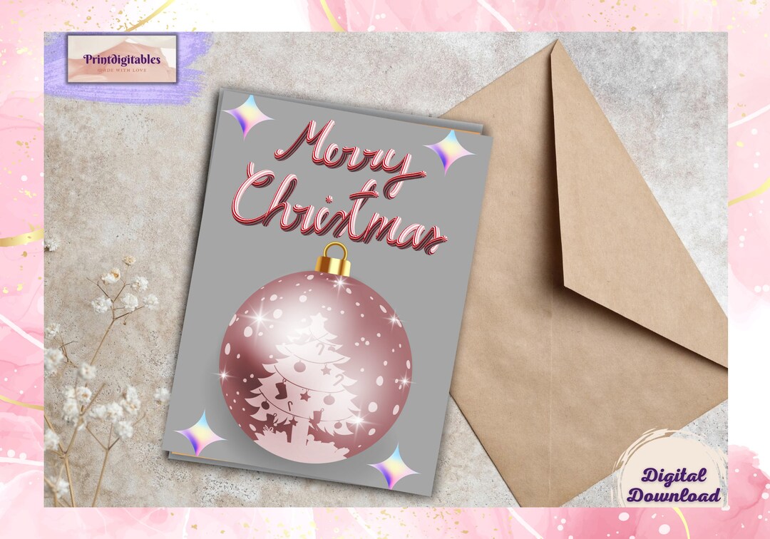 Pink Holiday Christmas Printable Card, Pink Digital Ornament Card, Pink ...