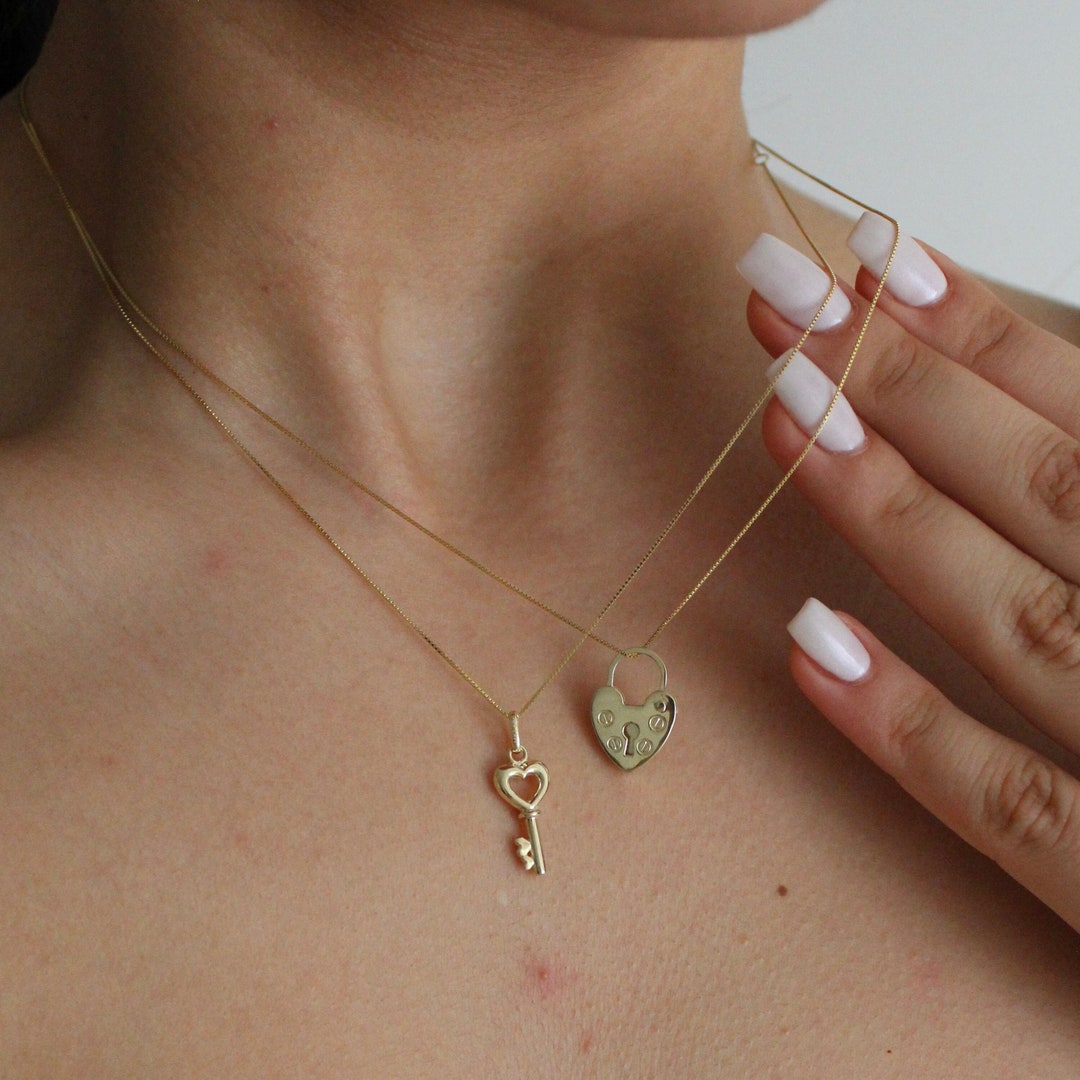 14K Solid Gold Heart and Key Necklace Couple Necklace Set Solid Gold ...