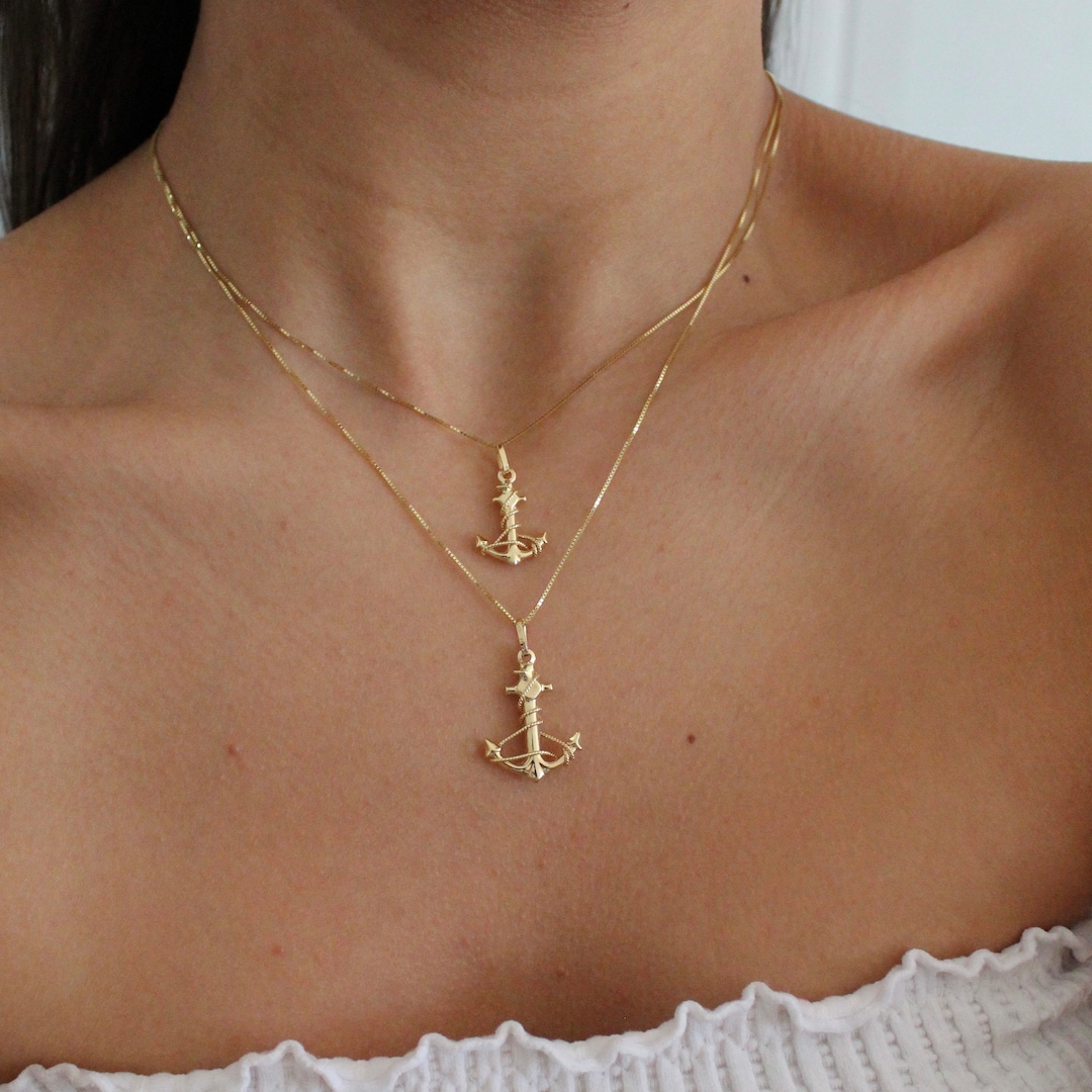 14K Solid Gold Anchor Pendant Necklace, 14K Solid Gold Anchor Pendant ...