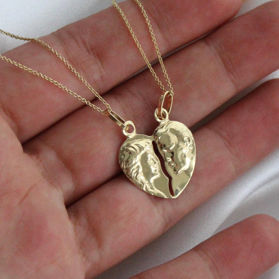 14k Yellow Gold Couple Two Piece Breakable Heart Necklace , 2 Rolo ...