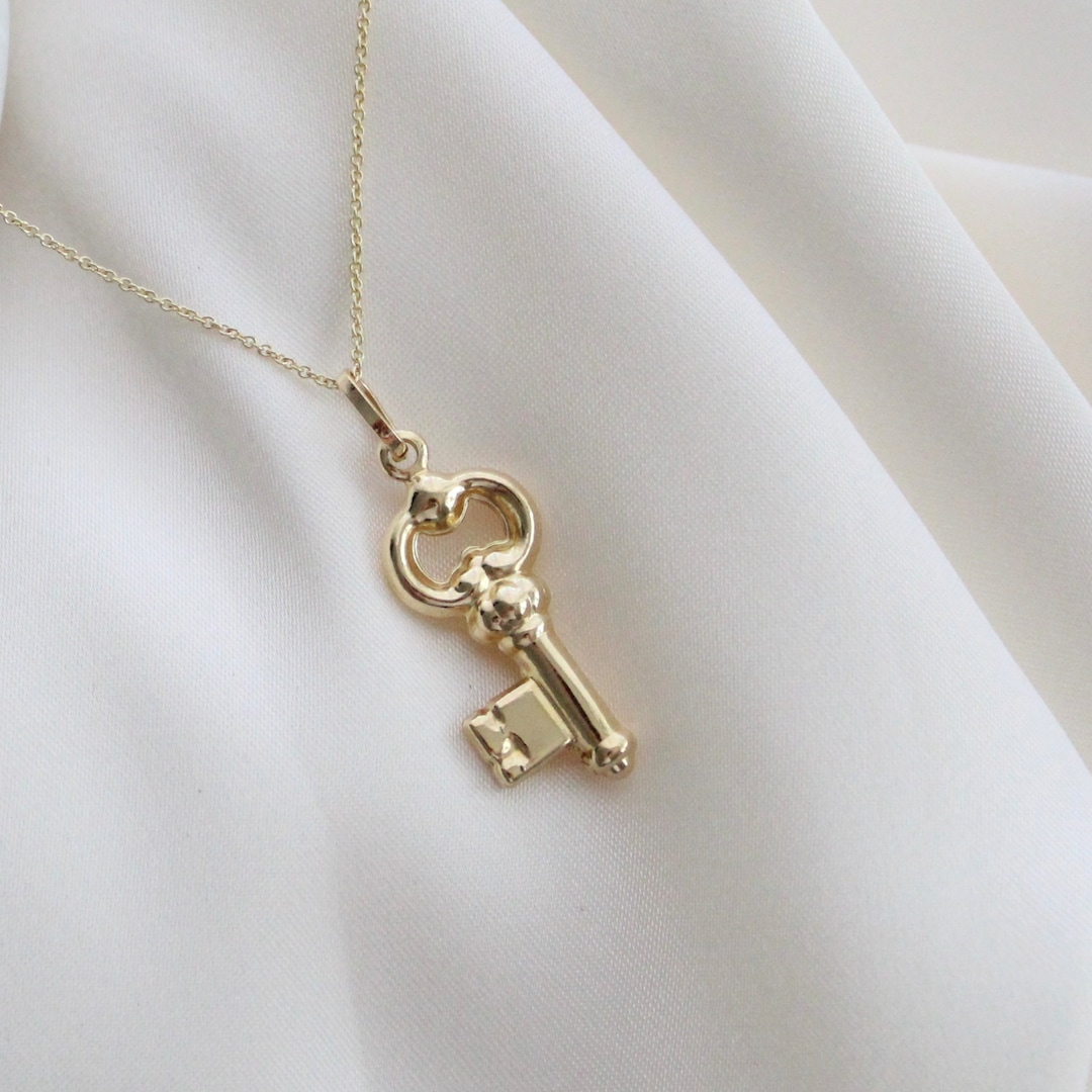 14K Solid Gold Key Necklace - 14K Gold Love Necklace Charm - Romantic ...