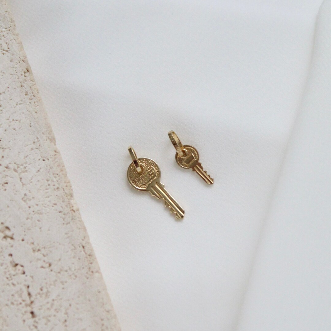 14K Solid Gold Key Necklace - Gold Tiny Key Charm - 14K Solid Gold Key ...