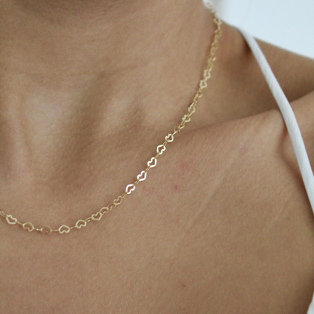14K Solid Gold Heart Chain Necklace Hear Shaped Chain Love Necklace ...