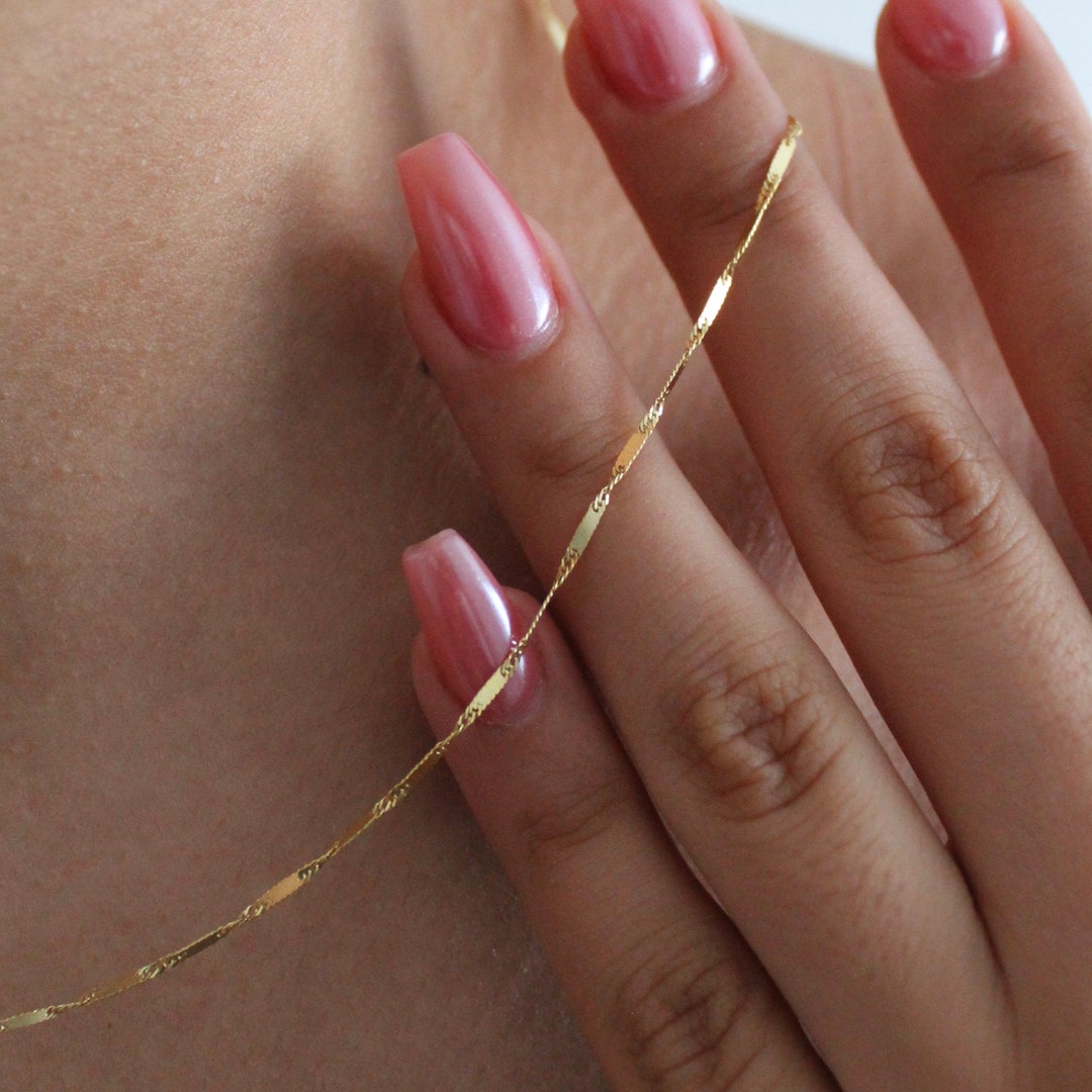 14K Solid Gold Twisted Bar Link Chain, Singapore Chain Gold, Singapore ...