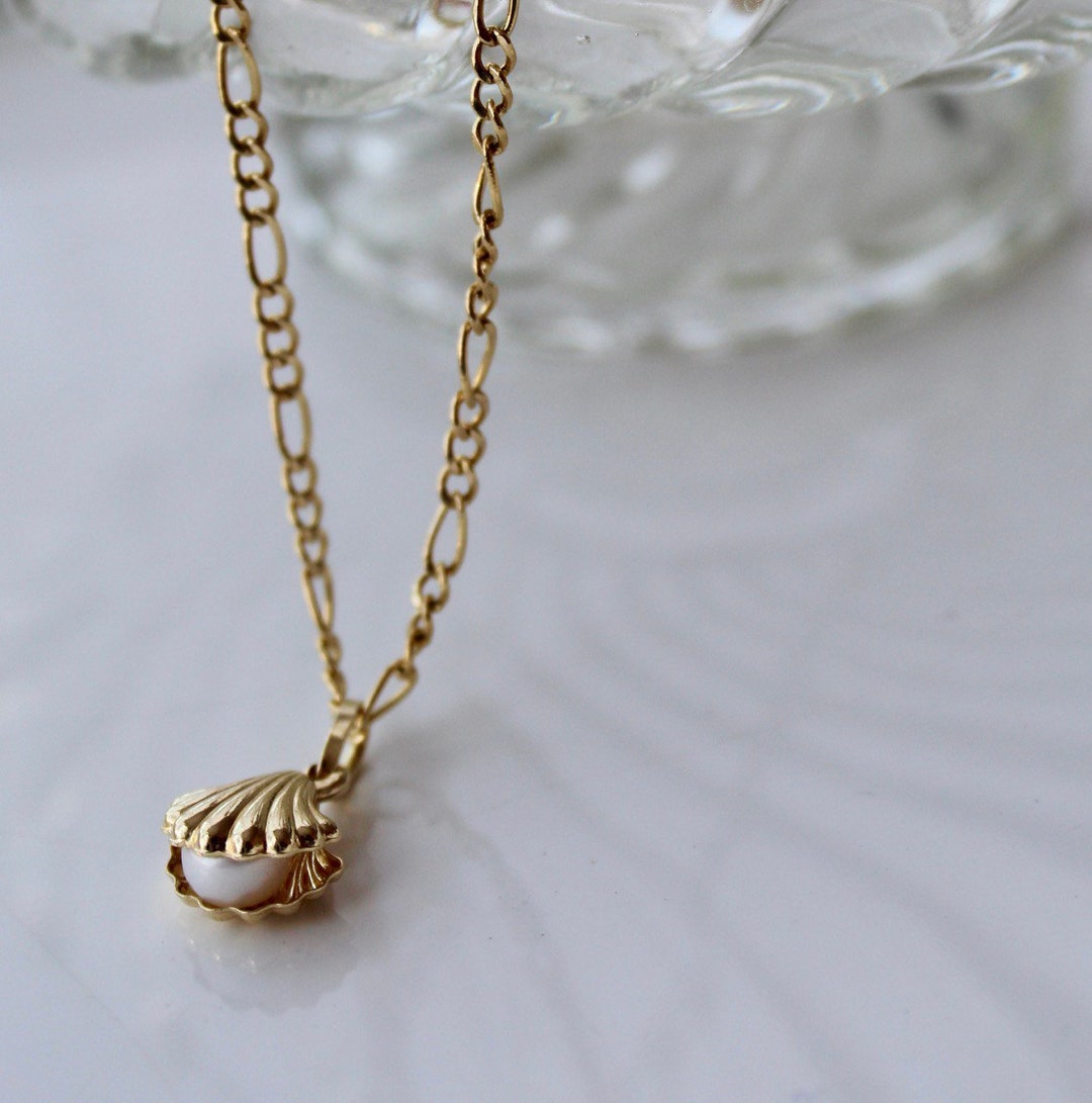14K Gold Seashell Clam With Pearl Necklace, 14k Gold Open Seashell ...