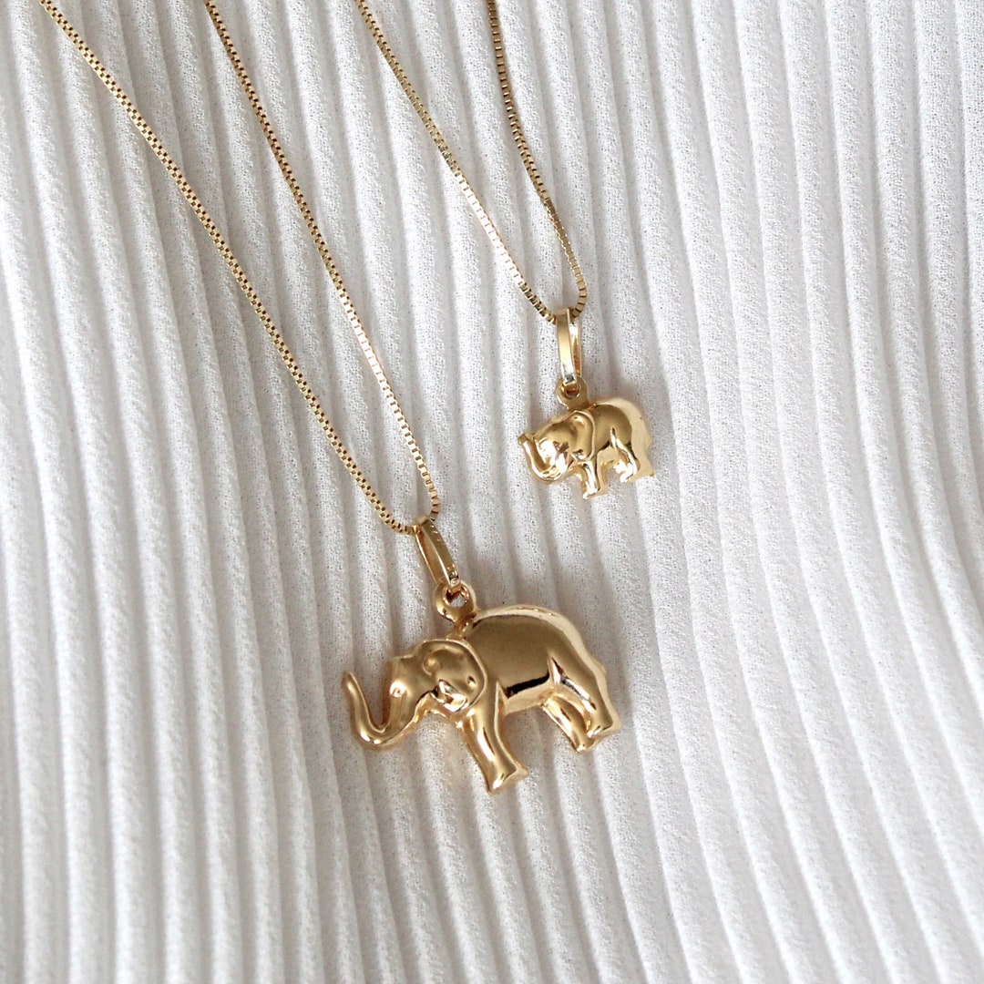14k Solid Gold Elephant Necklace - Good Luck Charm - Real Gold Elephant ...