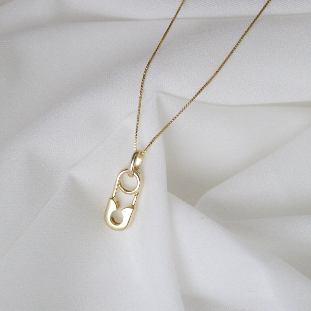 Solid Gold Protection Necklace - 14K Gold Safety Pin Necklace - Evil ...