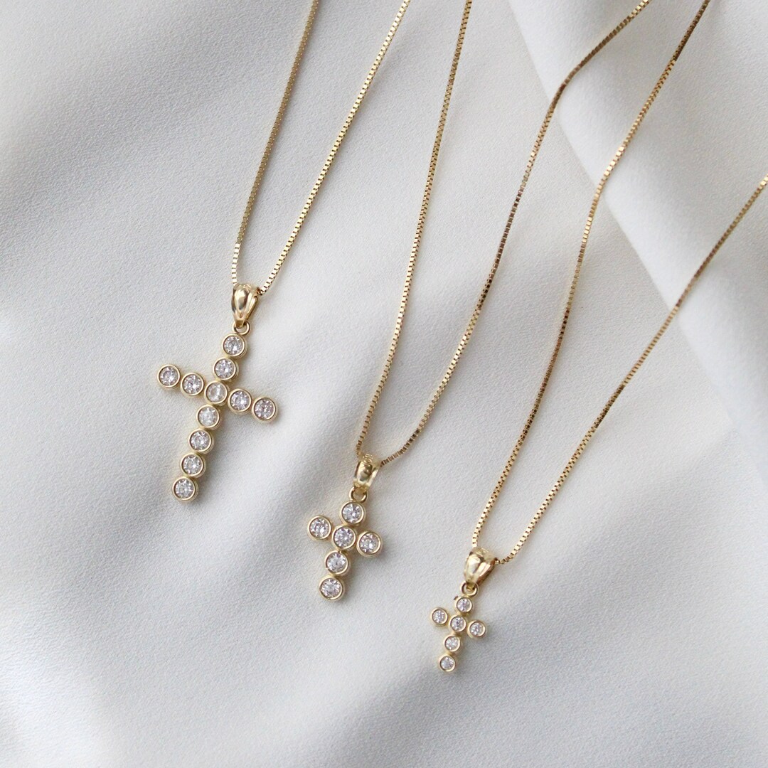 14k Gold Cross Necklace, 14K Gold Cross Necklace With CZ Diamonds, 14K ...