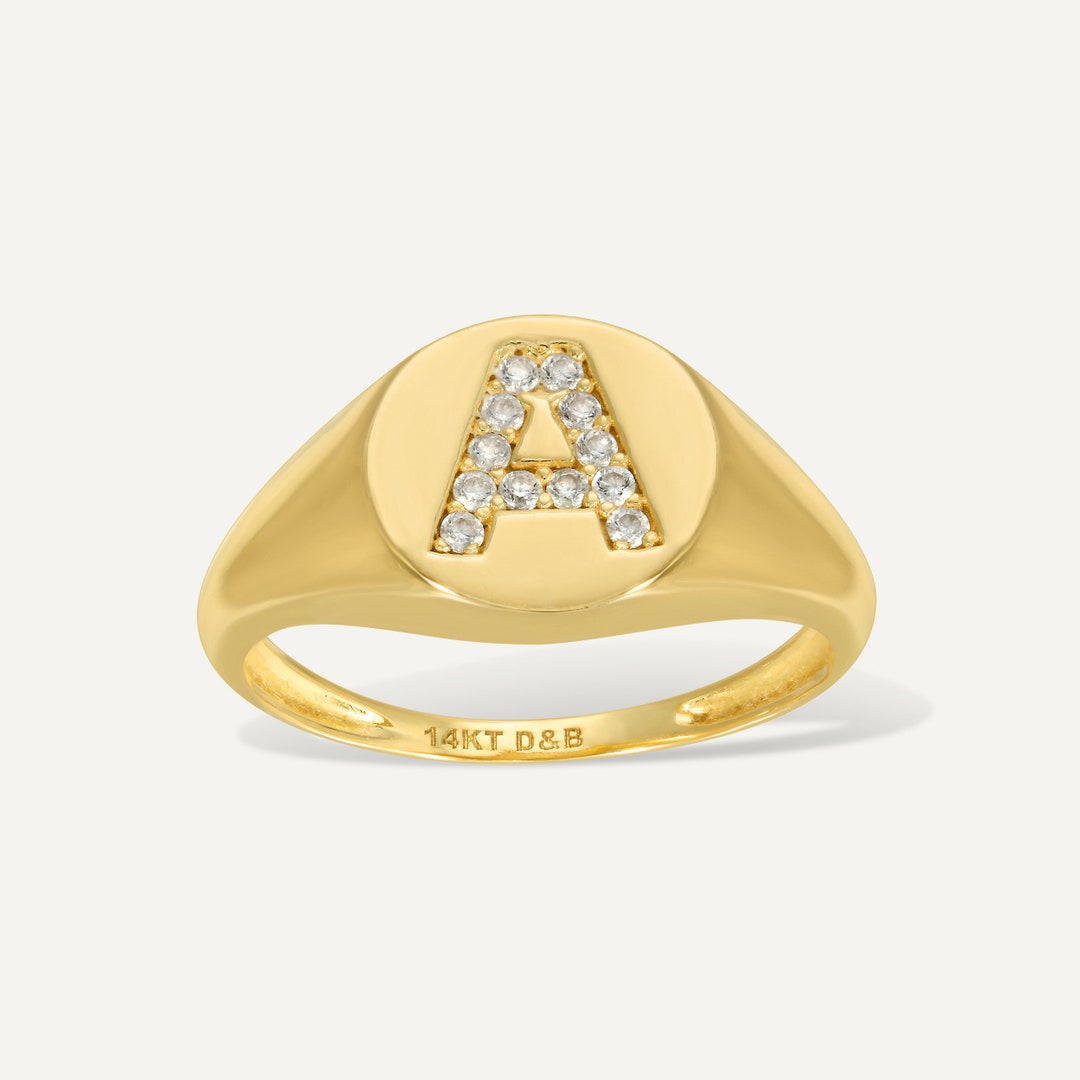 Initial Signet Ring, 14k Gold Initial Signet Ring, Initial Ring With CZ ...