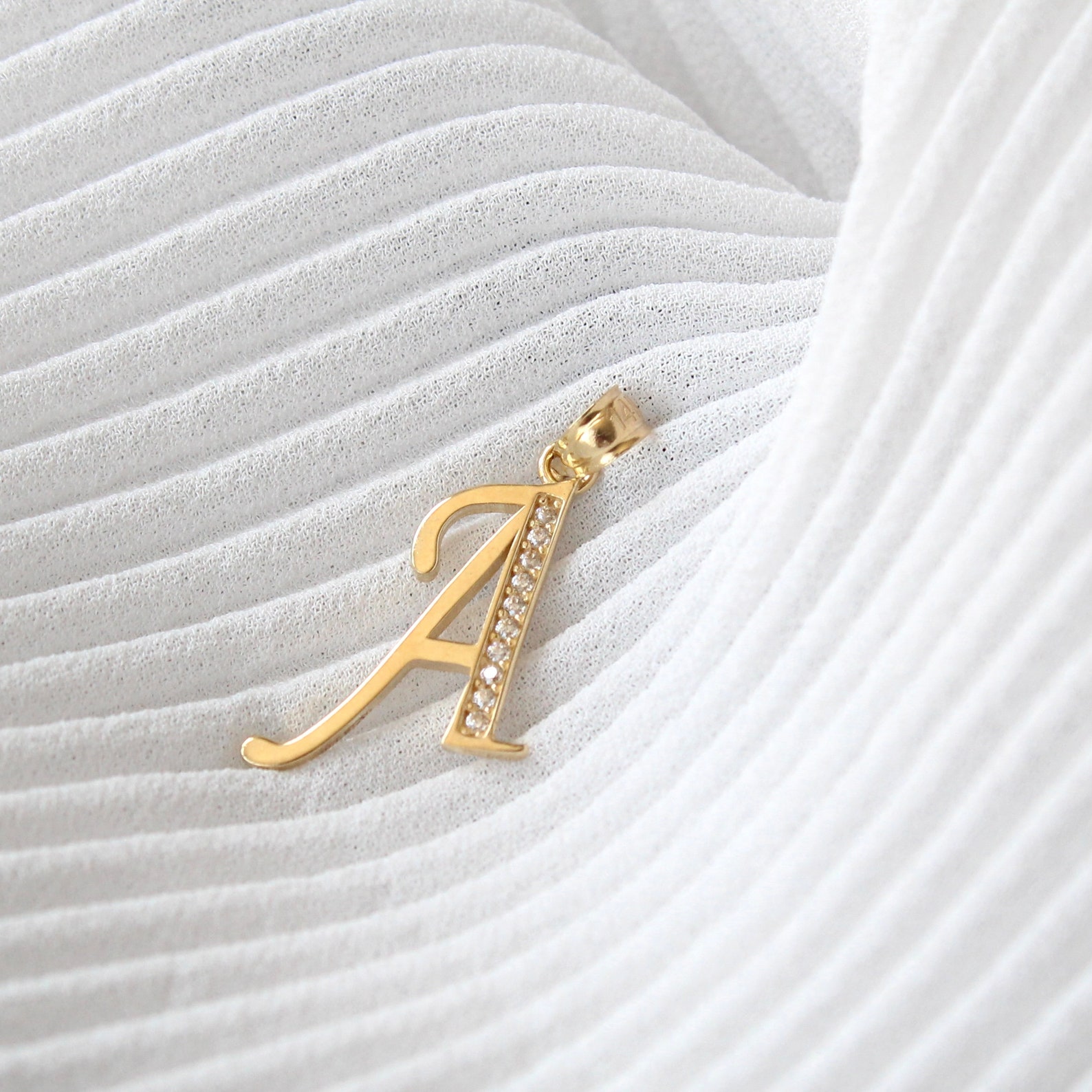 14K Gold Initial Necklace With CZ, 14K Yellow Gold Initial Pendant With ...