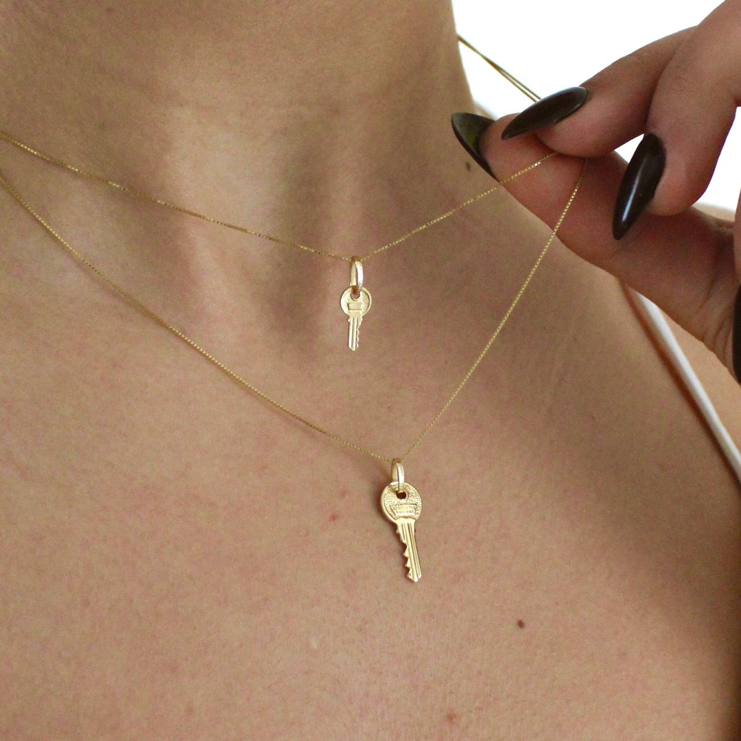 14K Solid Gold Key Necklace - Dainty Key Necklace - Gold Key Charm With ...
