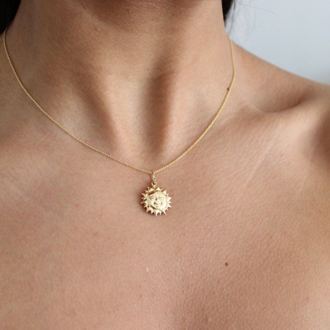 14k Solid Gold Sun Necklace, 14k Solid Gold Sun Pendant, Sunshine ...