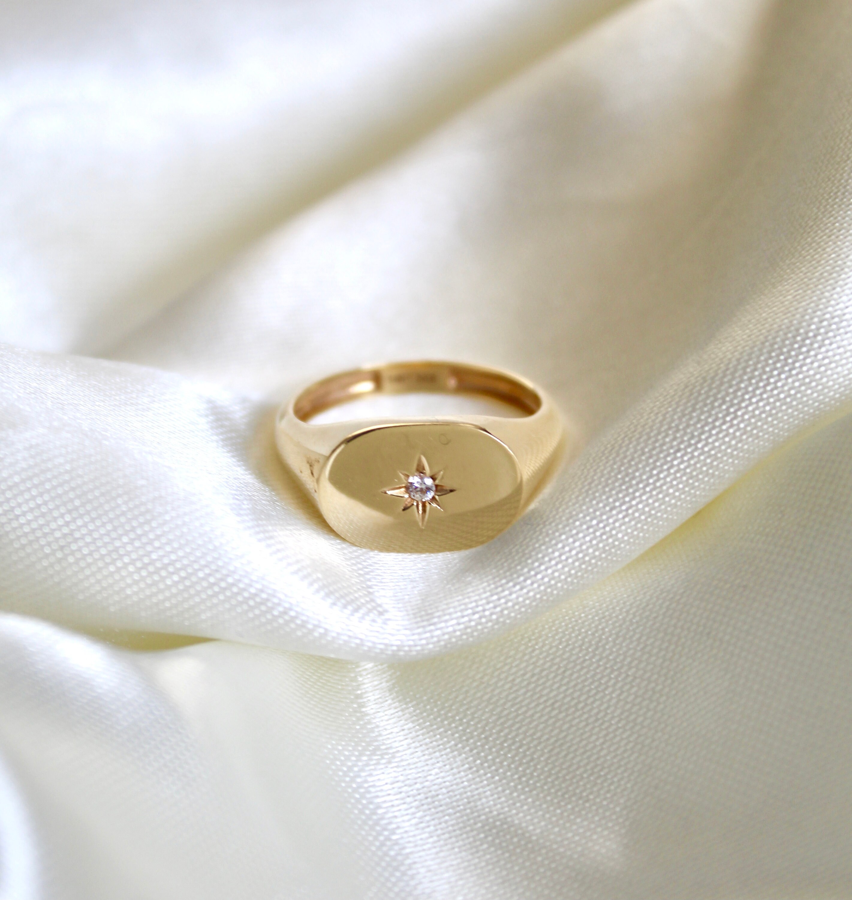 14K Solid Gold Star Diamond Signet Ring, 14K Solid Gold Signet Ring ...