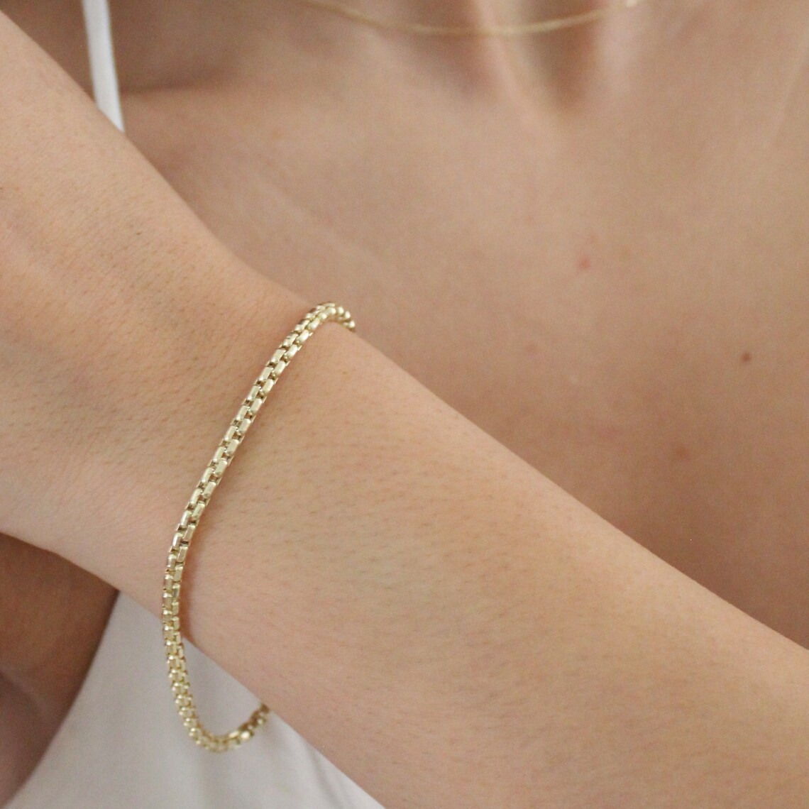14K Gold Round Box Chain Bracelet - Real Gold Box Bracelet - Unisex ...
