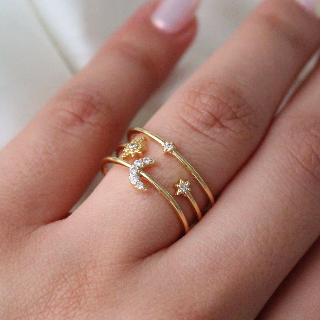 Star & Moon Ring, Gold Stackable Star Ring, CZ Rings, Star Dangle Ring ...