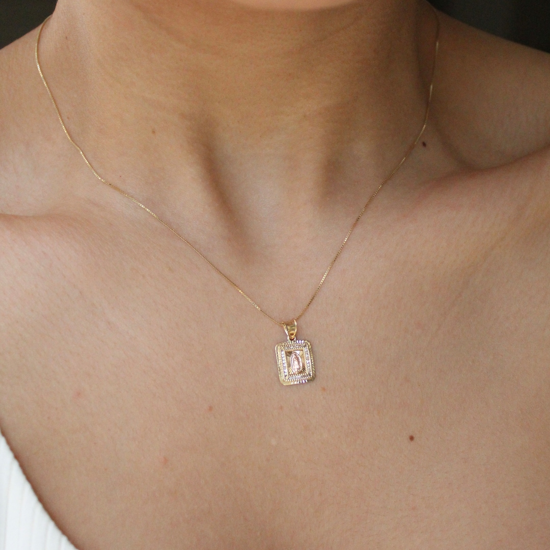 14k Solid Gold Virgin Mary Necklace - Virgen Maria, Lady Guadalupe Rose ...