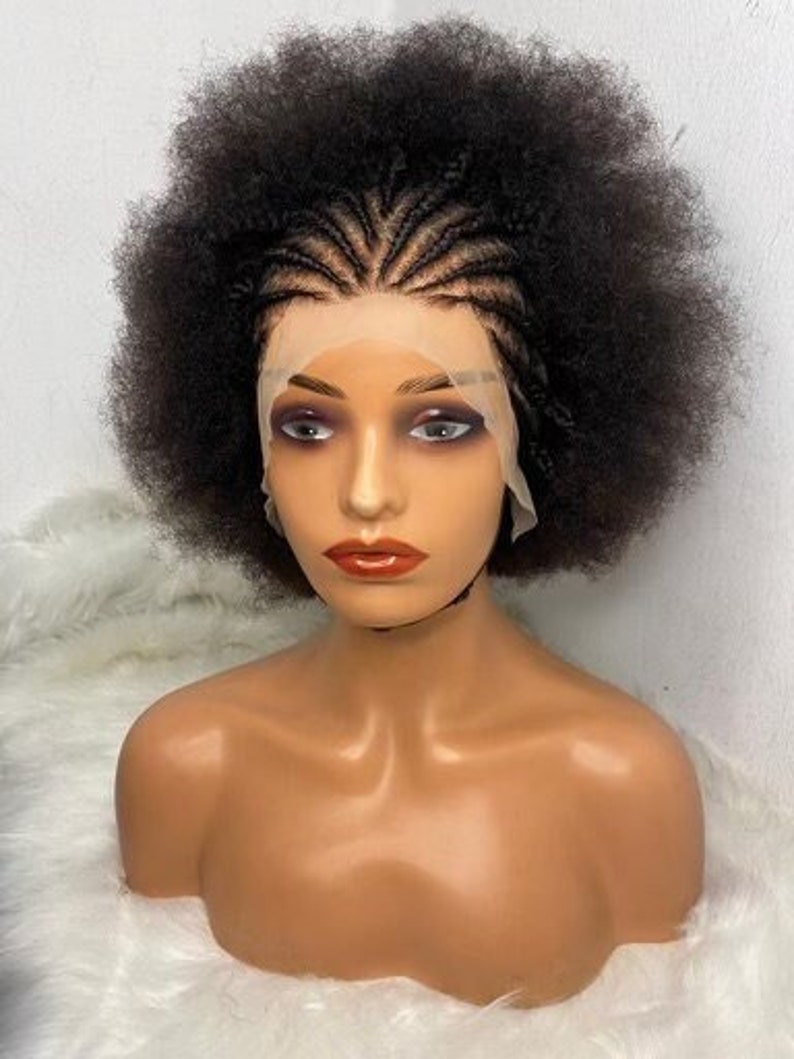 Elegantwigs Black Handmade Human Hair Afro Wig With Cornrows Made on a ...