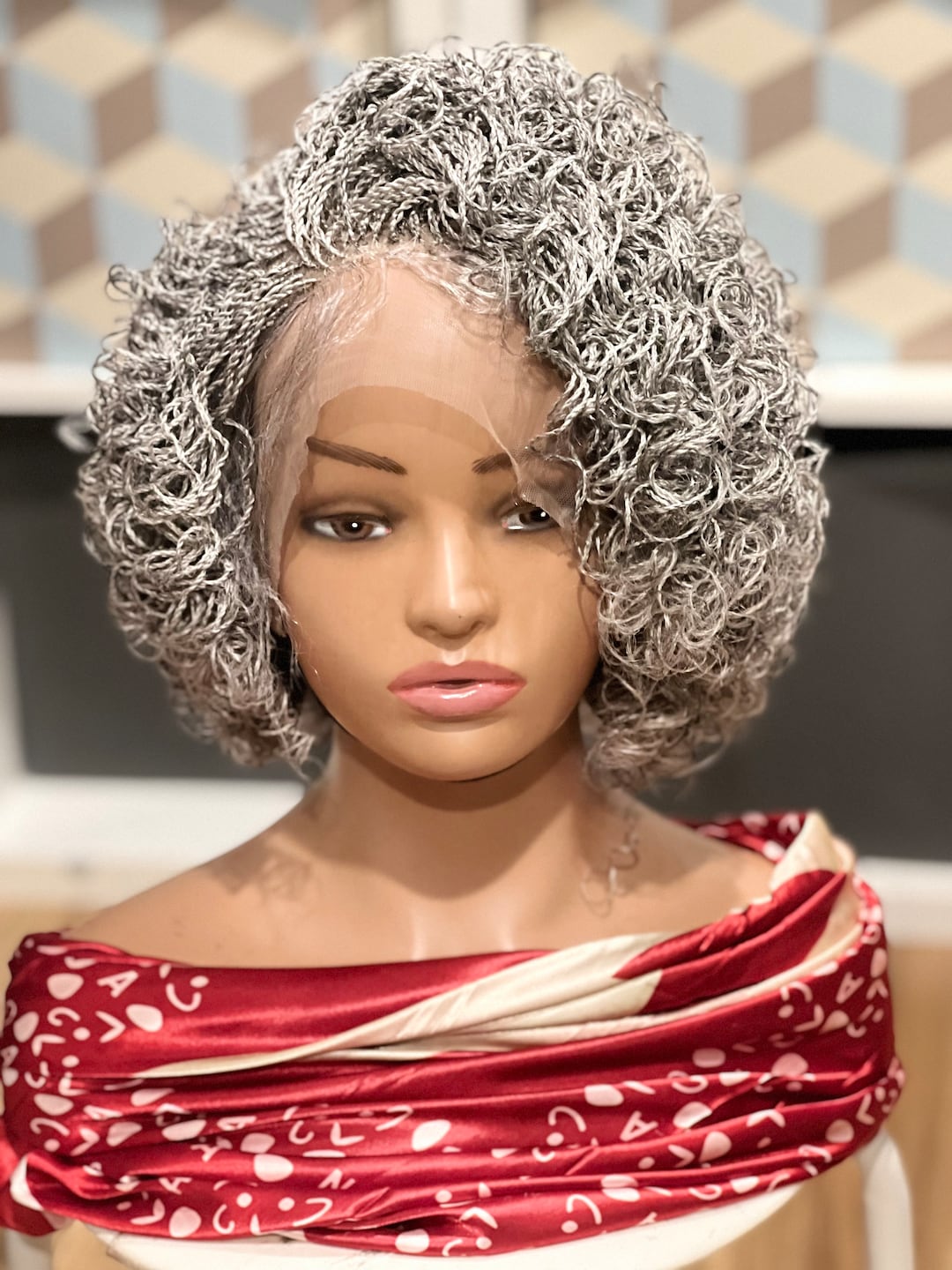 Elegantwigs Gray Braided Micro Curly Twist Wig Made on a Full Lace Lace ...