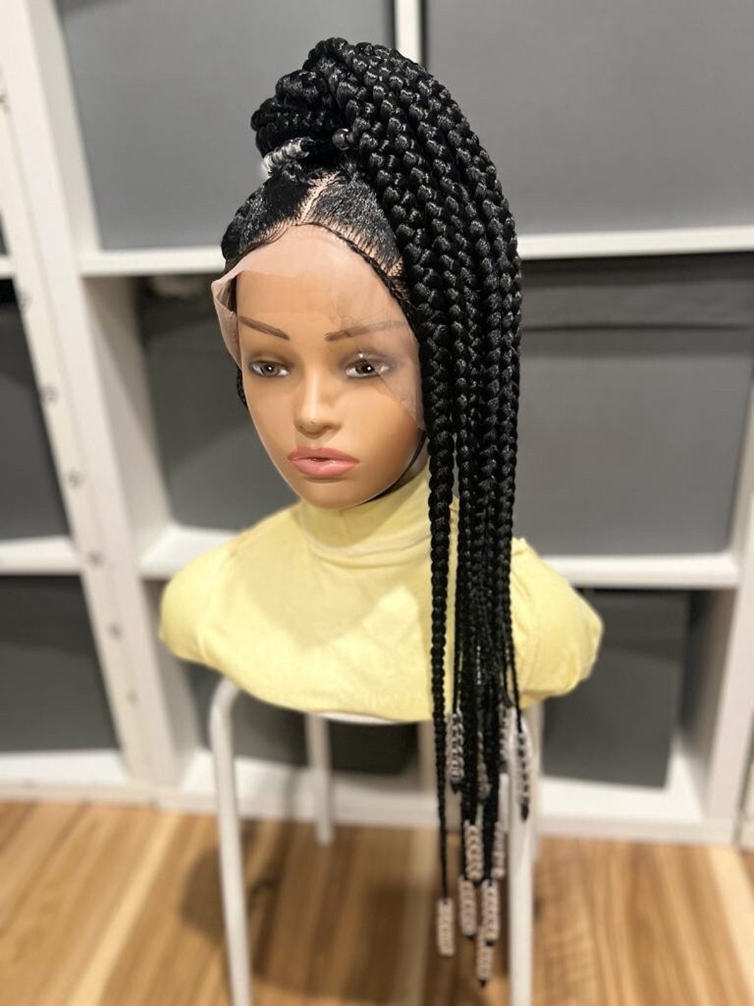 30" Black Jumbo Box Braided Wig With Beads: Handmade Full Lace Wig - Etsy