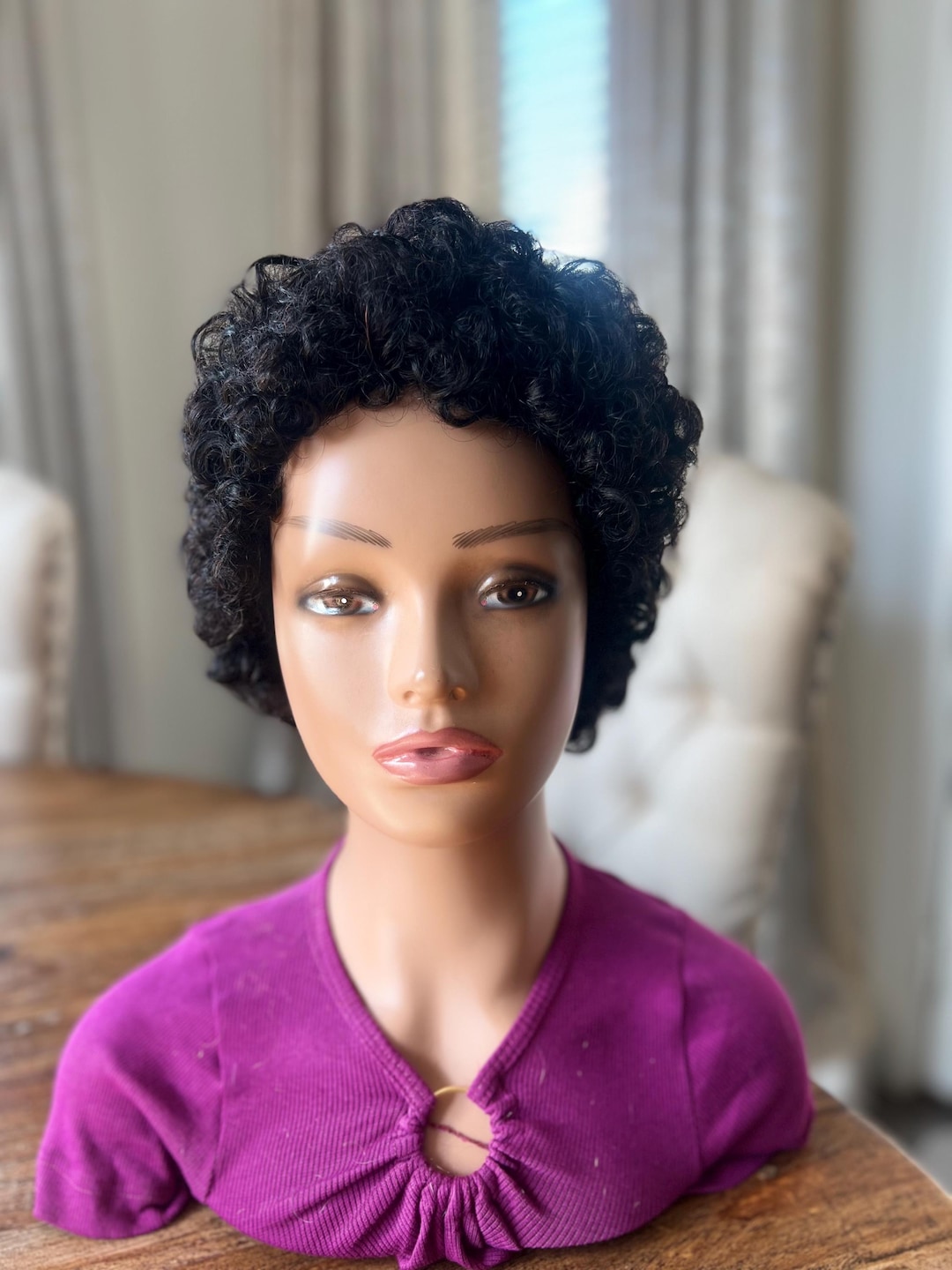 Elegantwigs: Short Curly Black Human Hair Handmade Curly Afro Wig ...