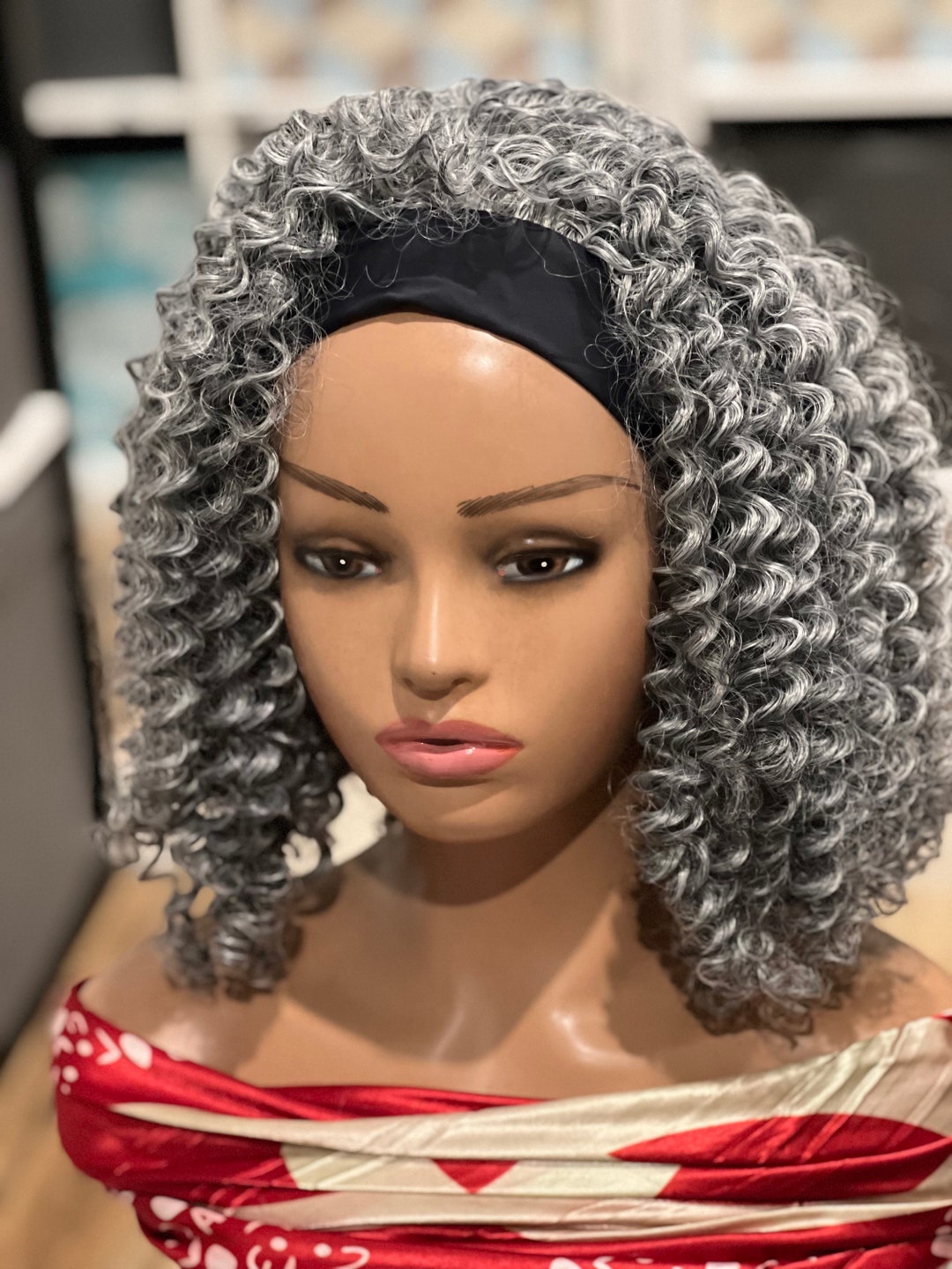 Handmade Gray Braided Curly Wig: Headband Style, Heat Resistant - Etsy