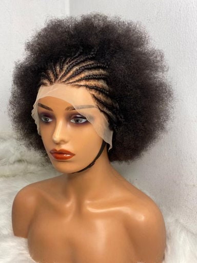 Elegantwigs Black Handmade Human Hair Afro Wig With Cornrows Made on a ...