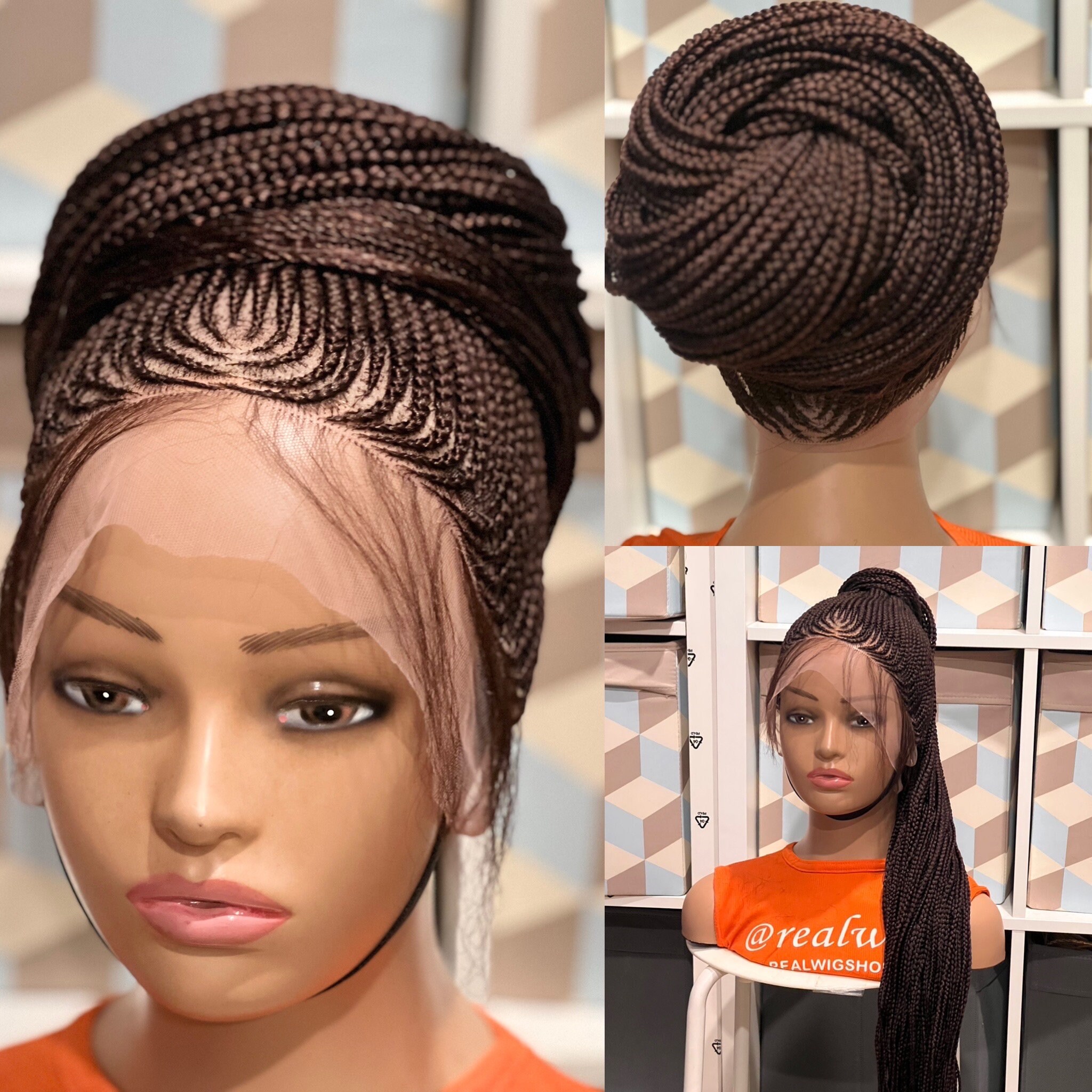 Elegantwigs 30 Brown Cornrow Braided Ponytail Made on a Full Lace Wig ...