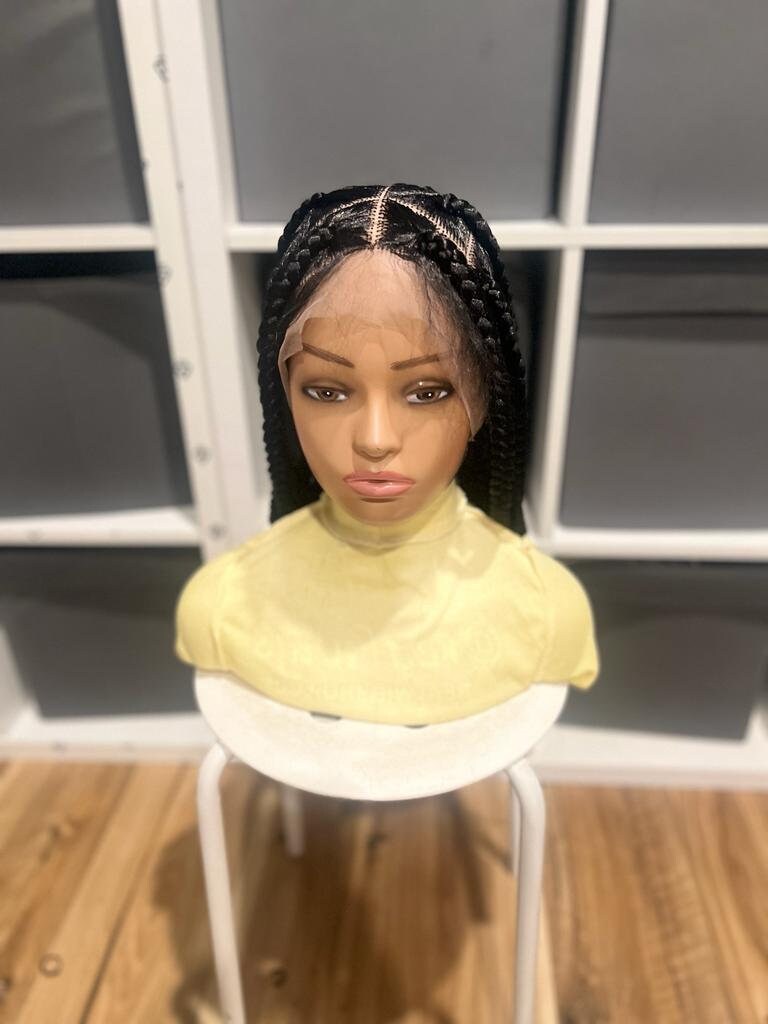 Elegantwigs 20 Black Jumbo Box Braided Wig With Triangle Parts Handmade On A Full Lace Wig Ready